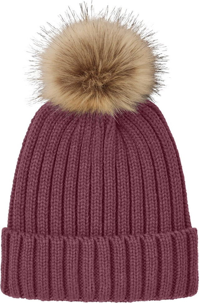 Port Authority C990 Faux Fur Pom Beanie - Rosewood - HIT a Double